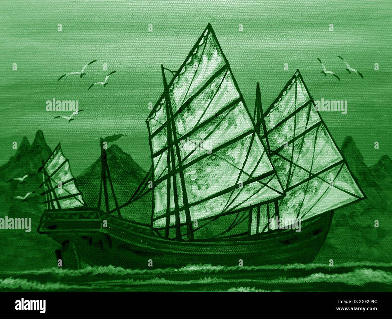 Art Oil Painting Sailboat in the sea , junk boat ,Visual arts Stock ...