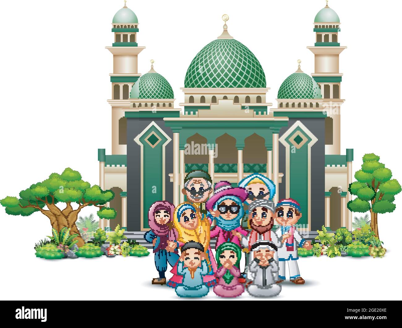Happy Islamic kids cartoon playing in front of a mosque Stock Vector ...