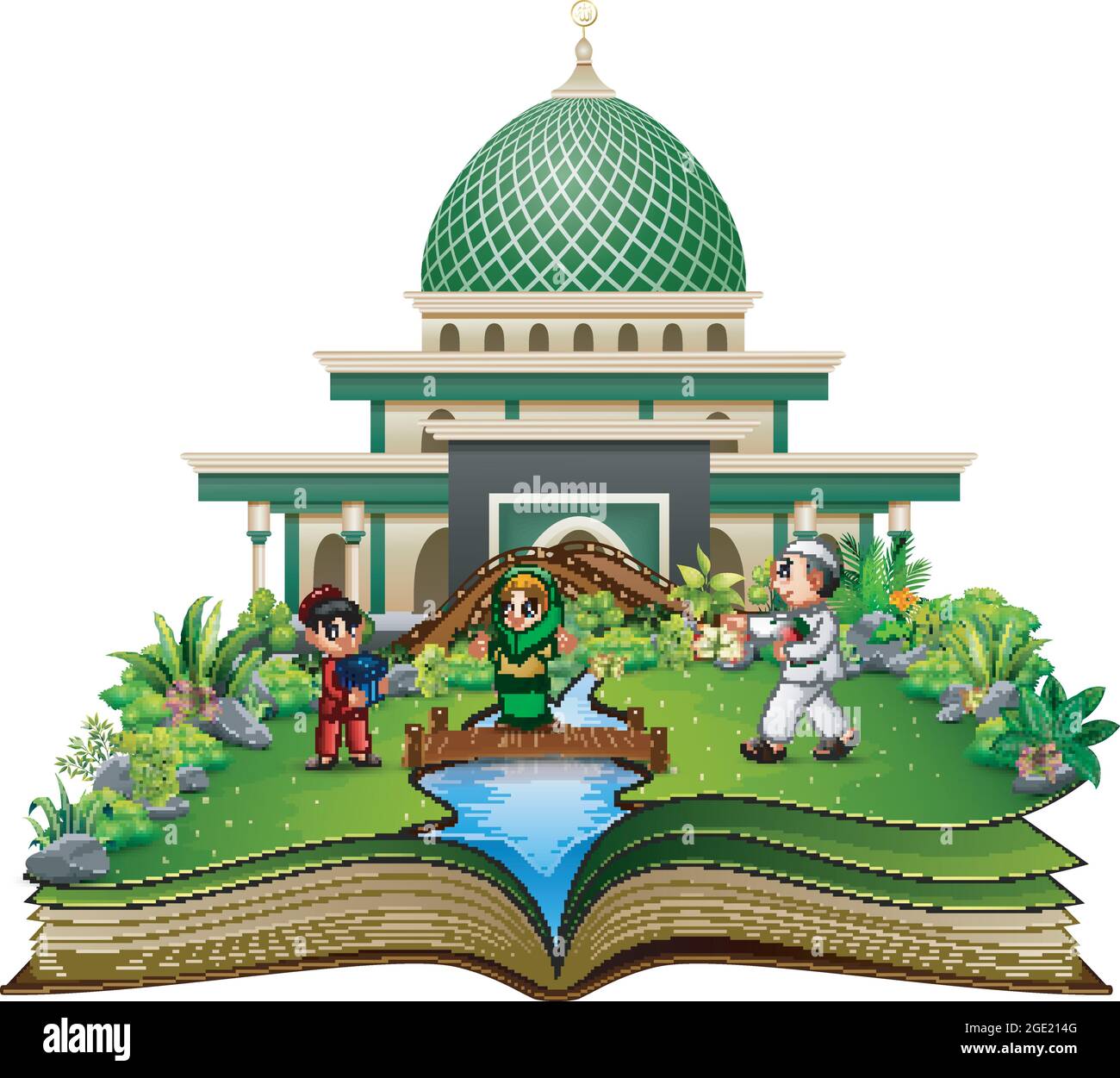 Open a book with group of Happy Muslims people in front of an Islamic ...