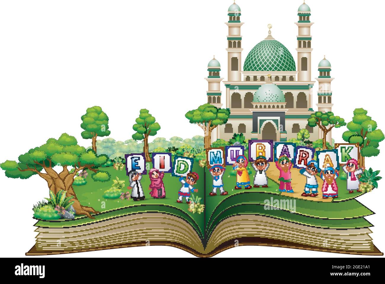 Open book with happy islamic kids and colorful text Eid Mubarak in ...