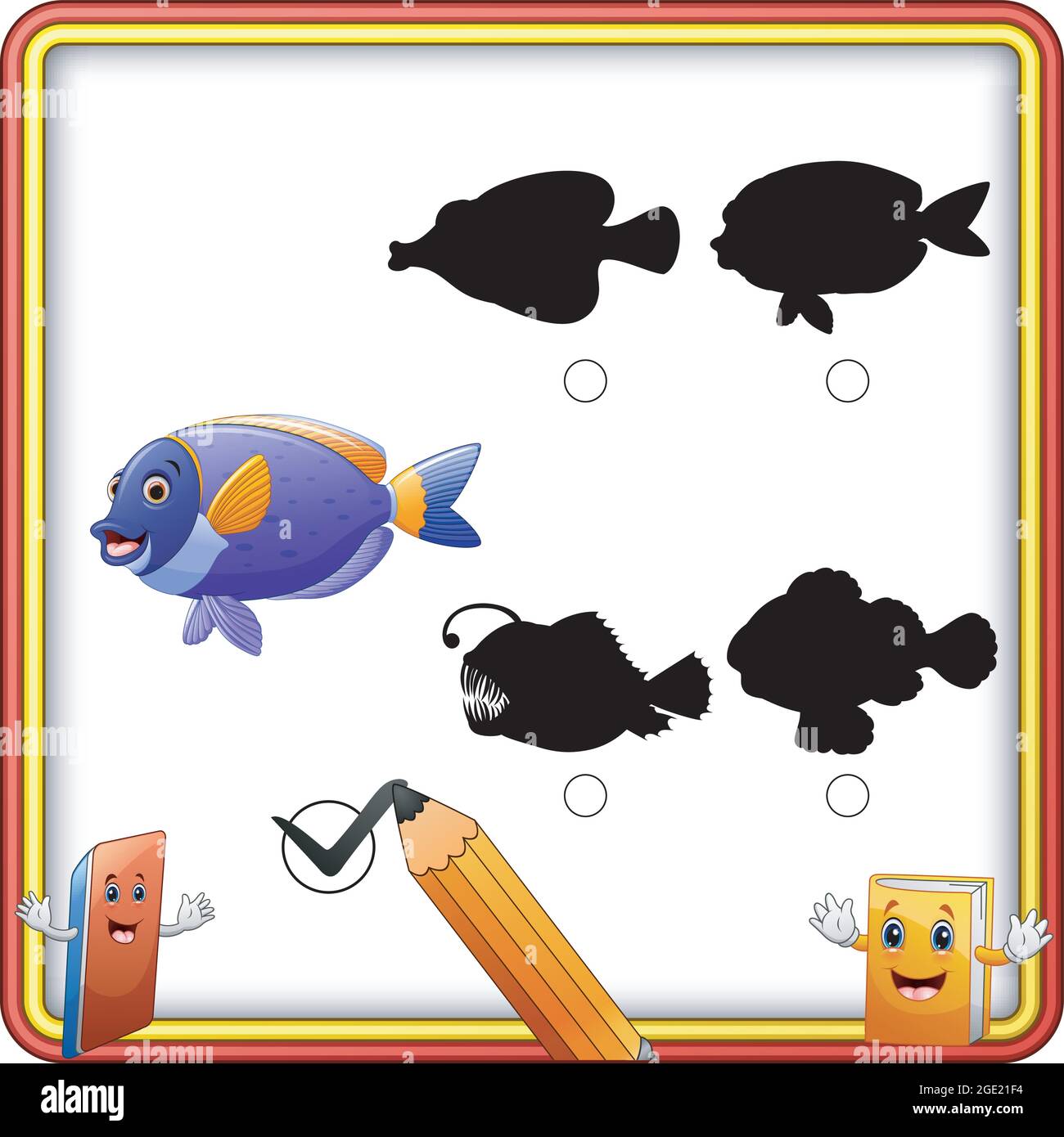Find the correct shadow. Cartoon funny fish. Education Game for ...