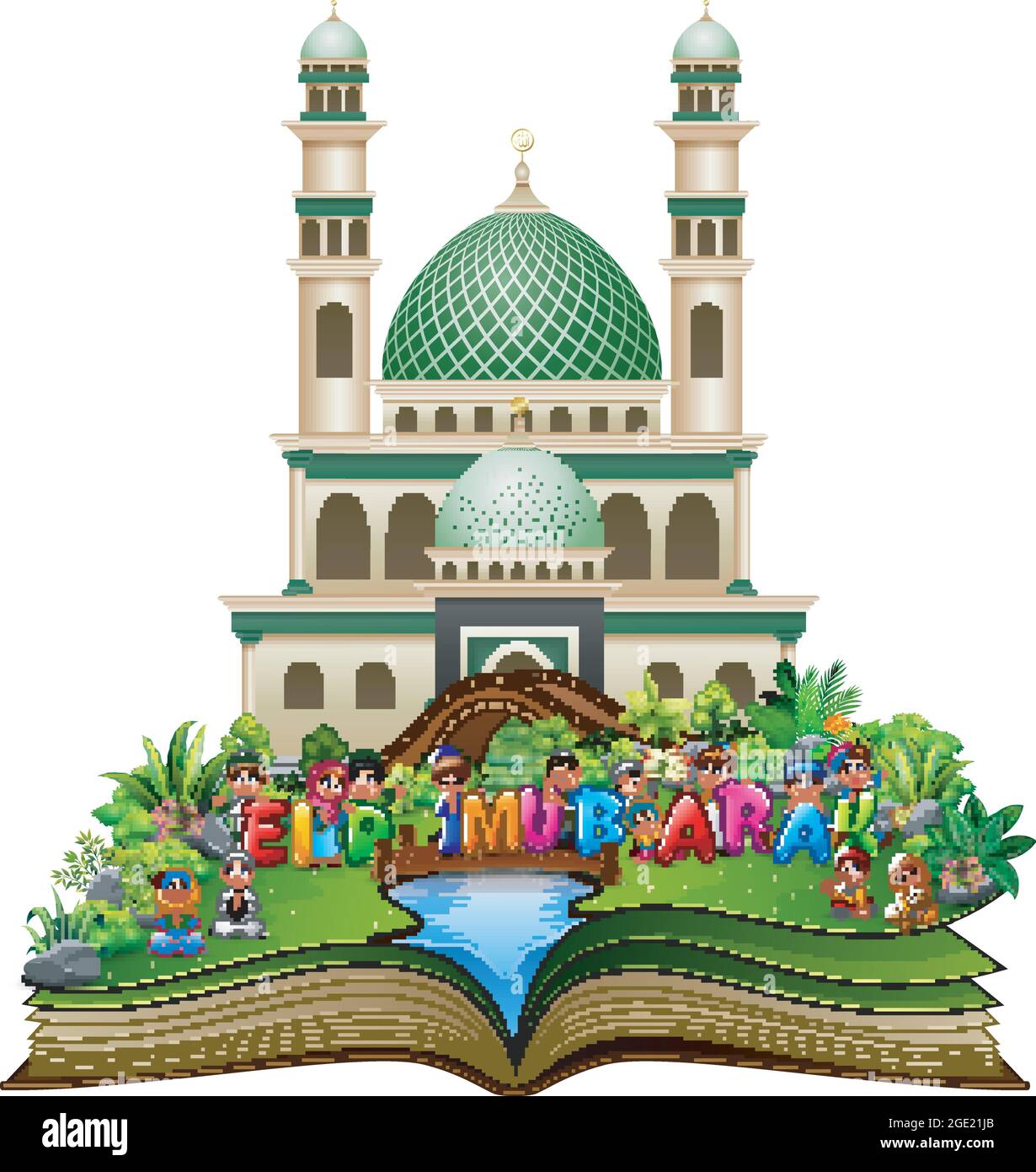 Open book with happy islamic kids and colorful text Eid Mubarak in ...