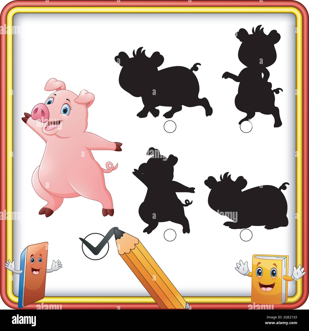 Find the correct shadow. Cartoon happy pig waving. Education Game for ...