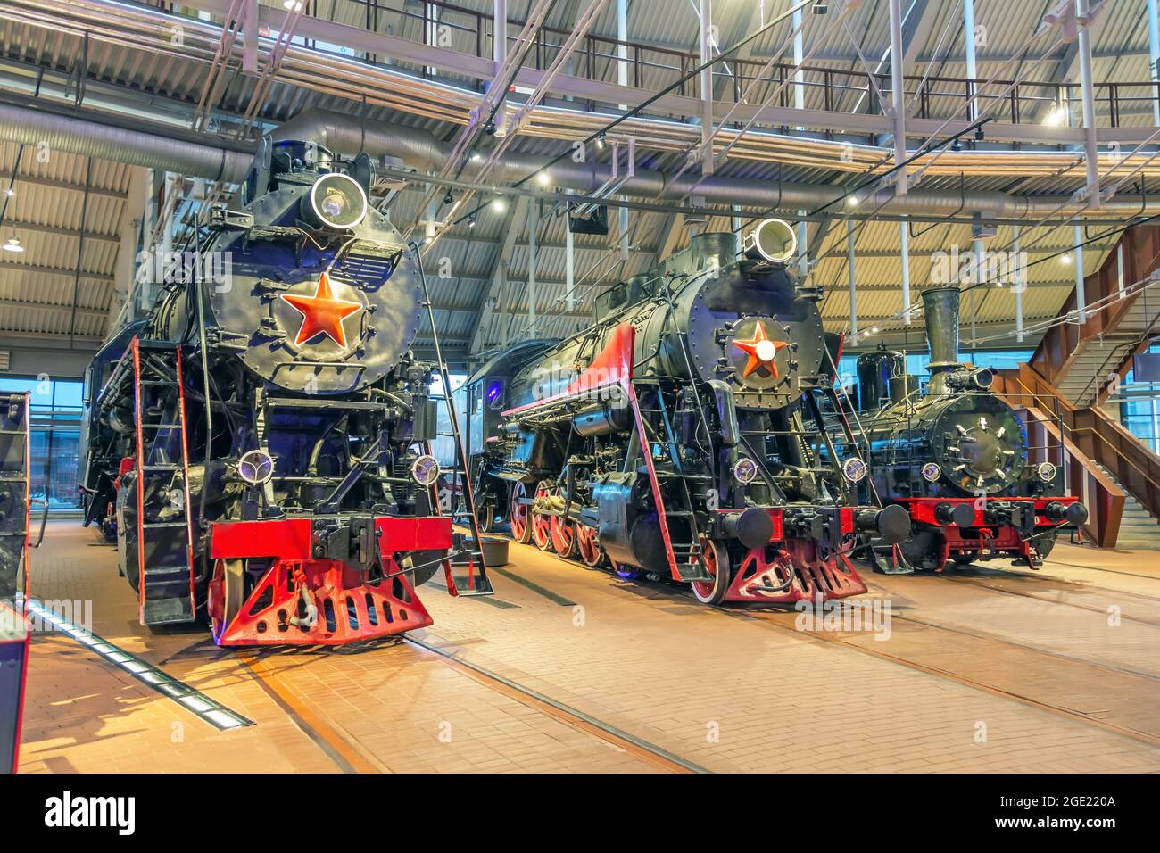 Locomotives stand in a row at the train rail road depot Stock Photo - Alamy