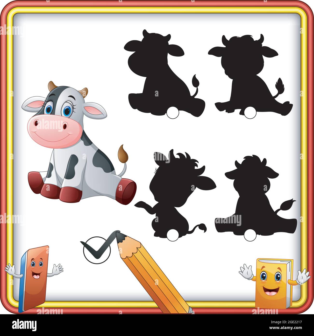Find the correct shadow. Cute baby cow sitting. Education Game for ...