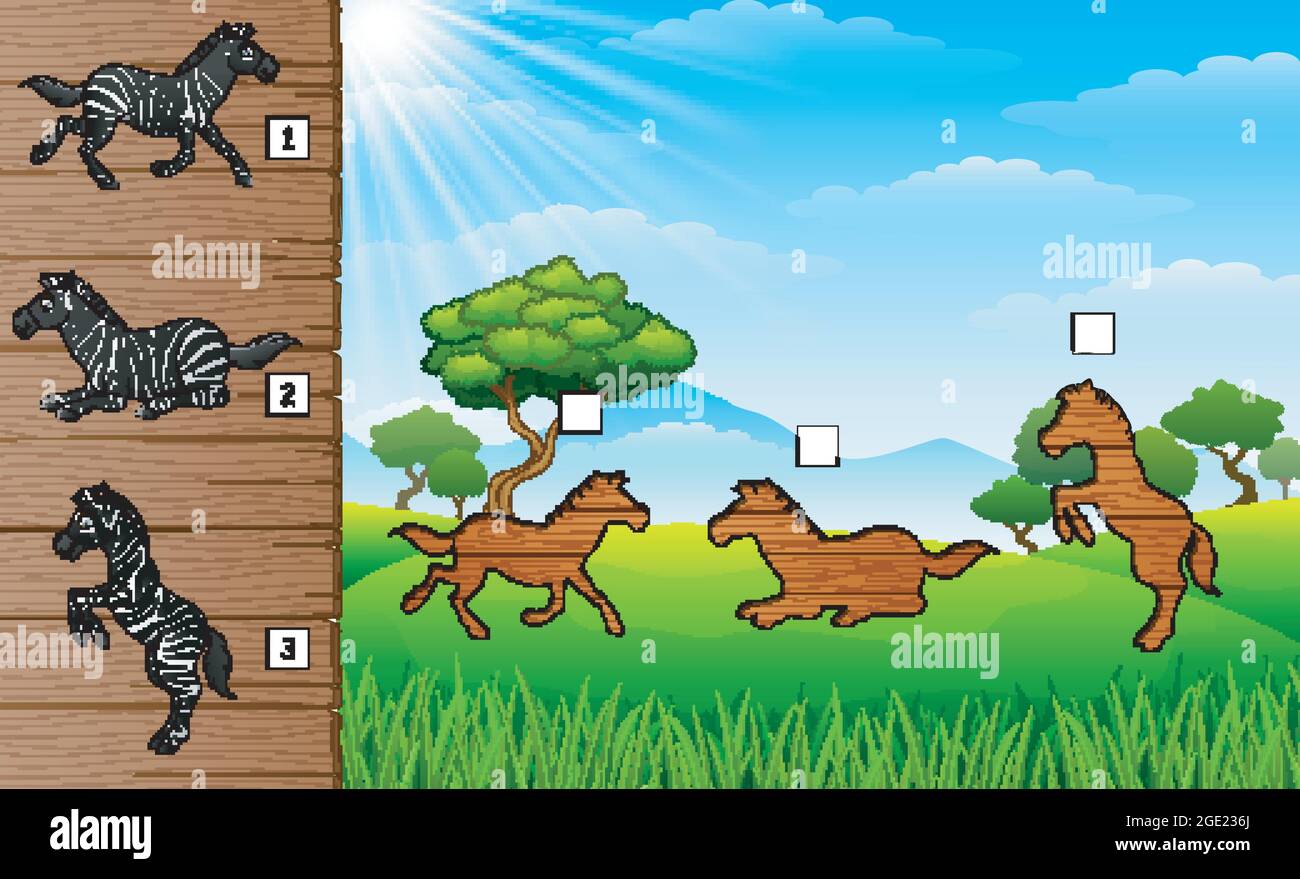 Cartoon happy zebra collections. Find the correct shadow. Educational ...