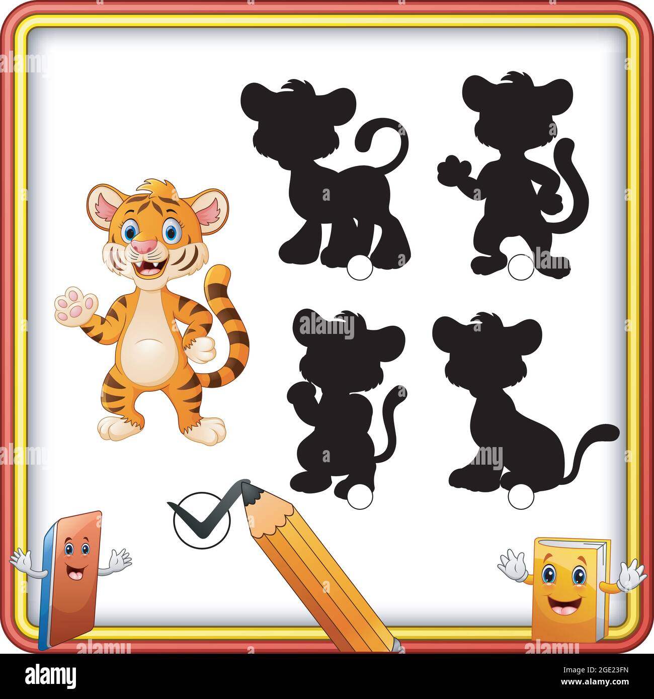 Find the correct shadow. Cartoon funny tiger waving hand. Education ...