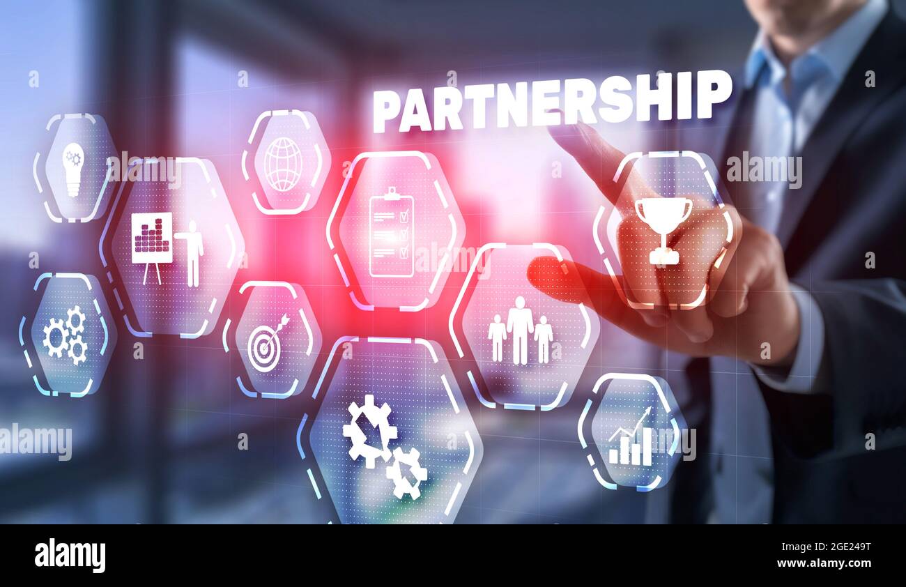 Business partnership and success concept. Businessman presses finger ... Business partnership and success concept. Businessman presses finger ...