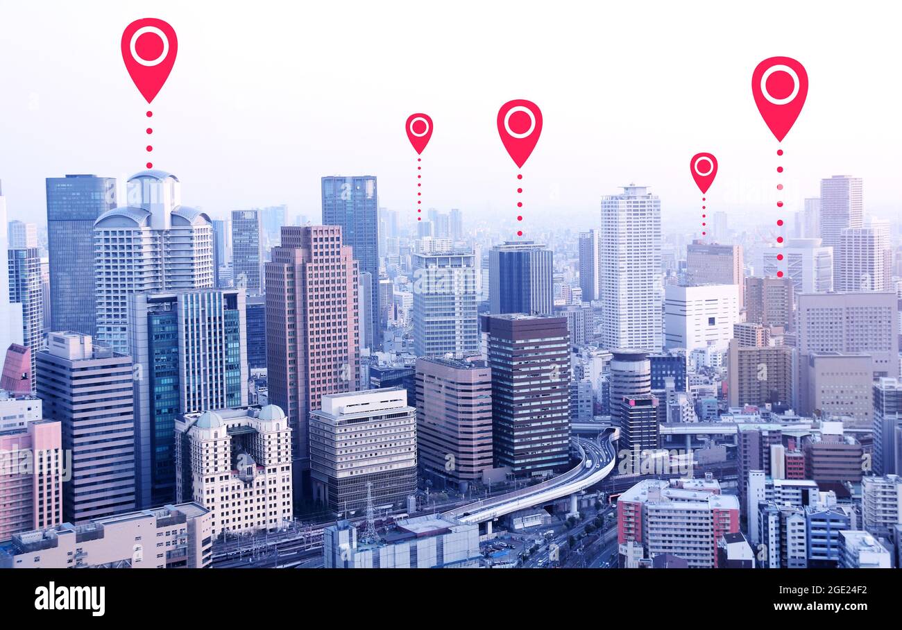 Network connection concept. Aerial view on Osaka with red location pin ...