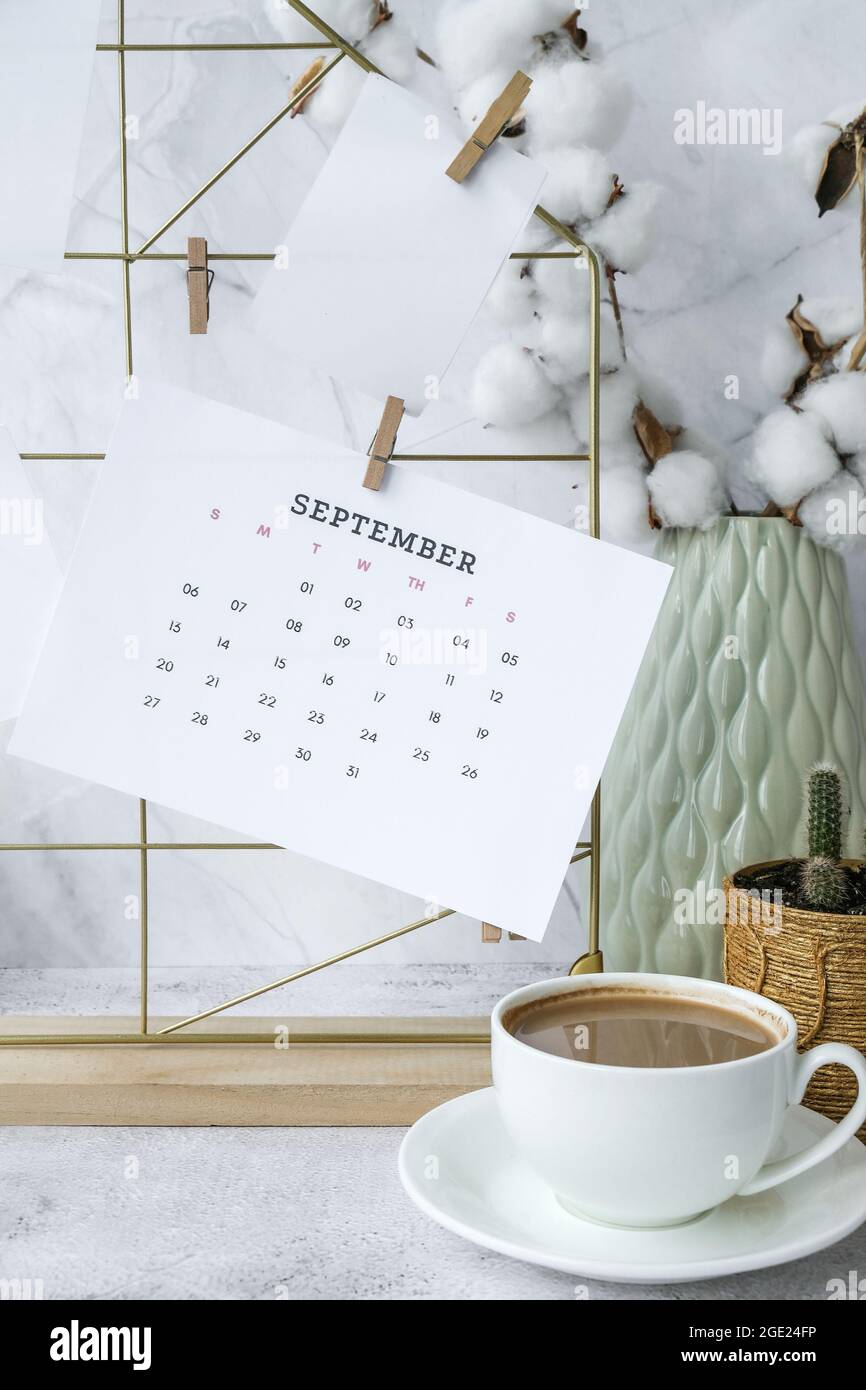SEPTEMBER CALENDAR Cards and posters mock ups on grid board. Copy space ...