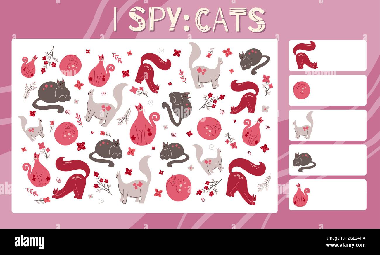 I spy game. Childrens educational fun. Count how many cats. Flat hand ...
