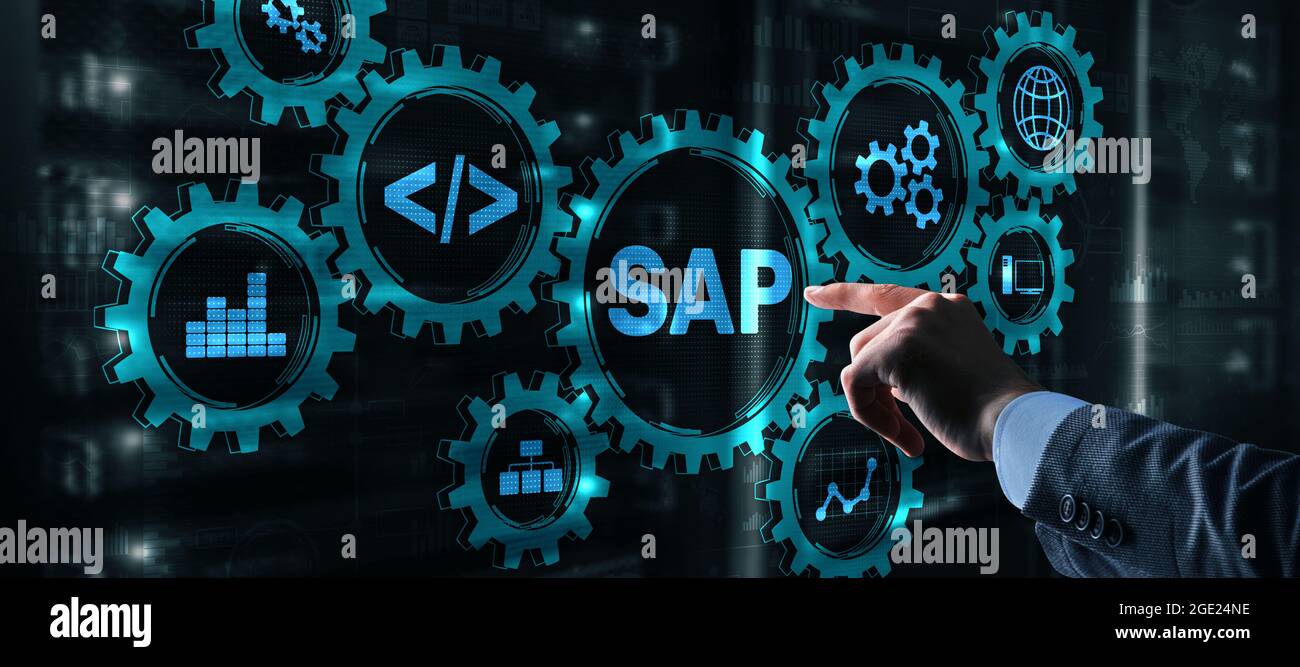 SAP System Software Automation concept. Businessman presses virtual ...