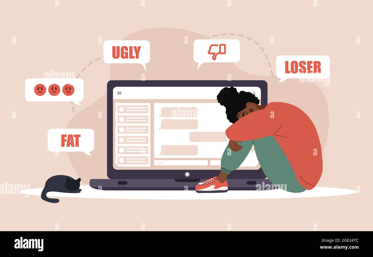 Cyber bullying. Sad african woman with laptop receiving pop up messages ...