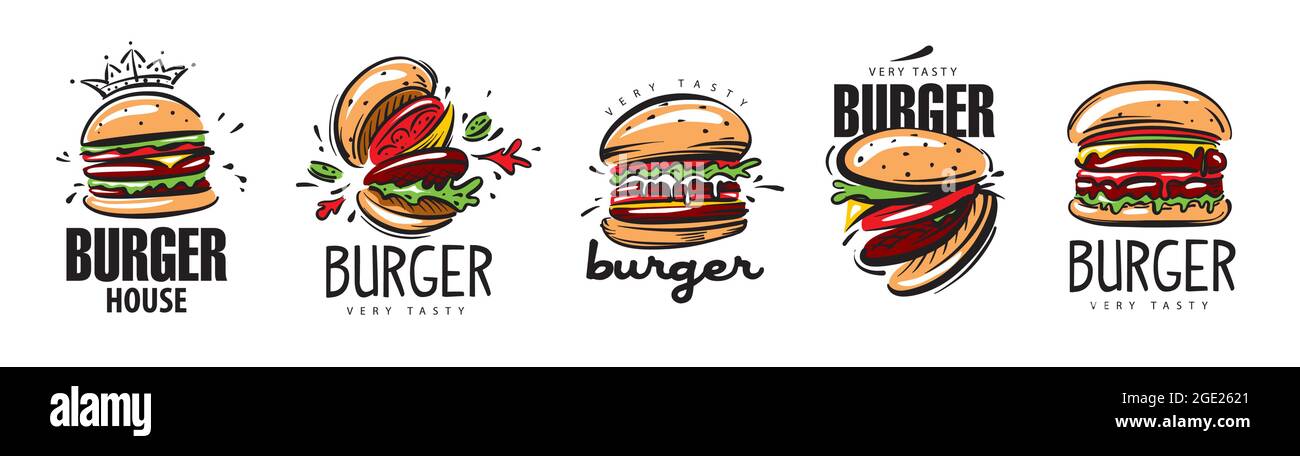 Hand drawn set of vector burger logos on white background Stock Vector ...