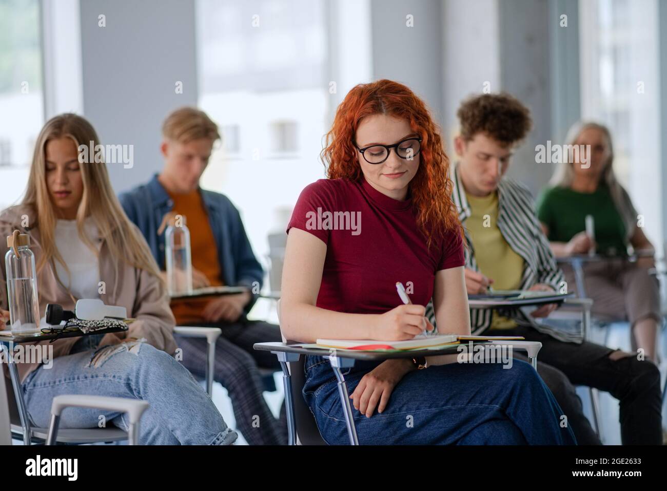 Portrait of group of university students sitting in classroom indoors ...