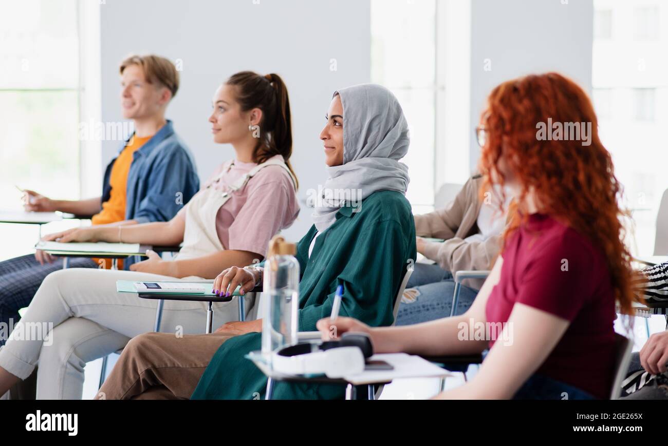 Group of university student sitting in classroom indoors, studying ...
