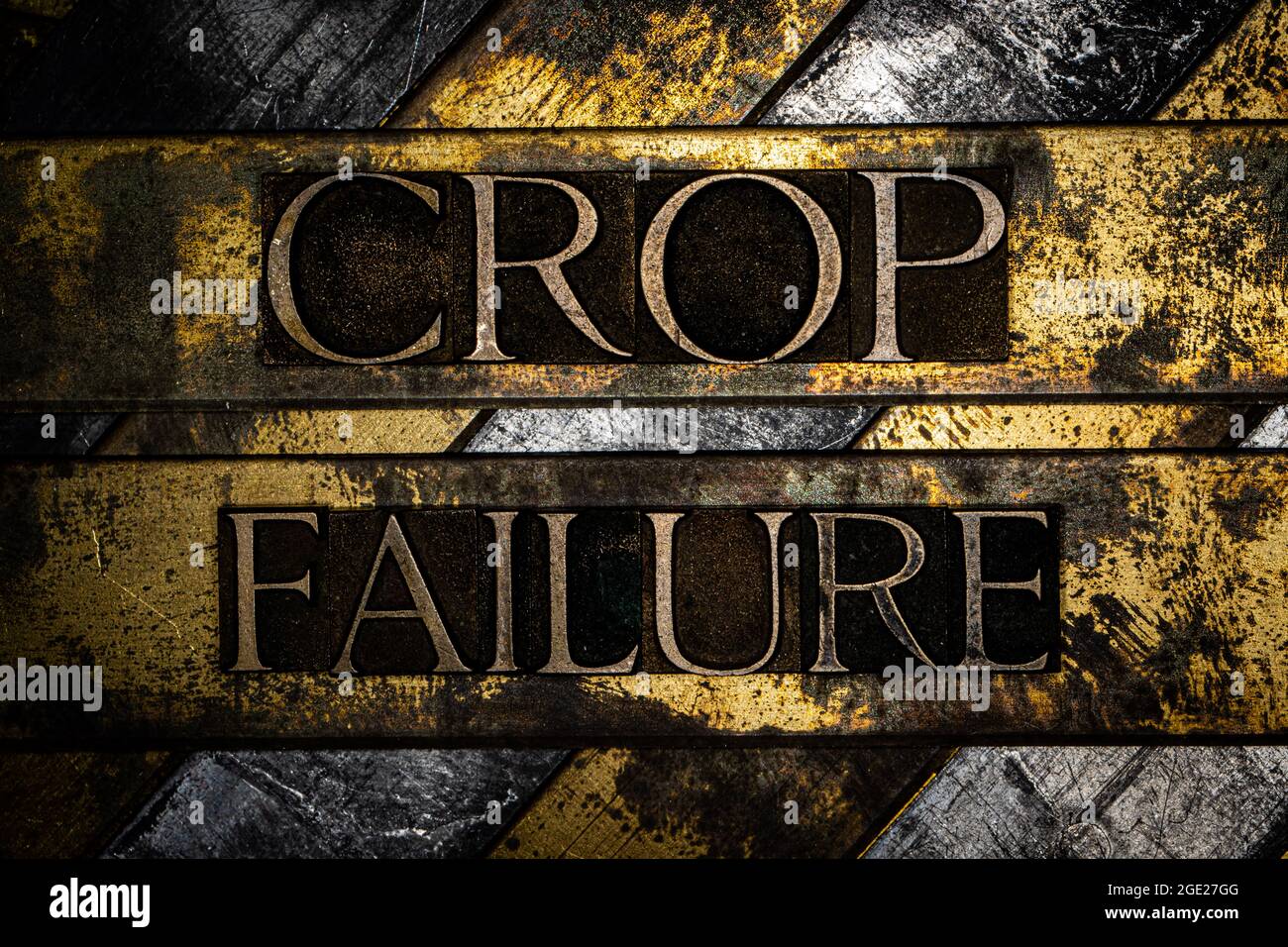 Crop Failure text on vintage textured grunge copper and gold background ...