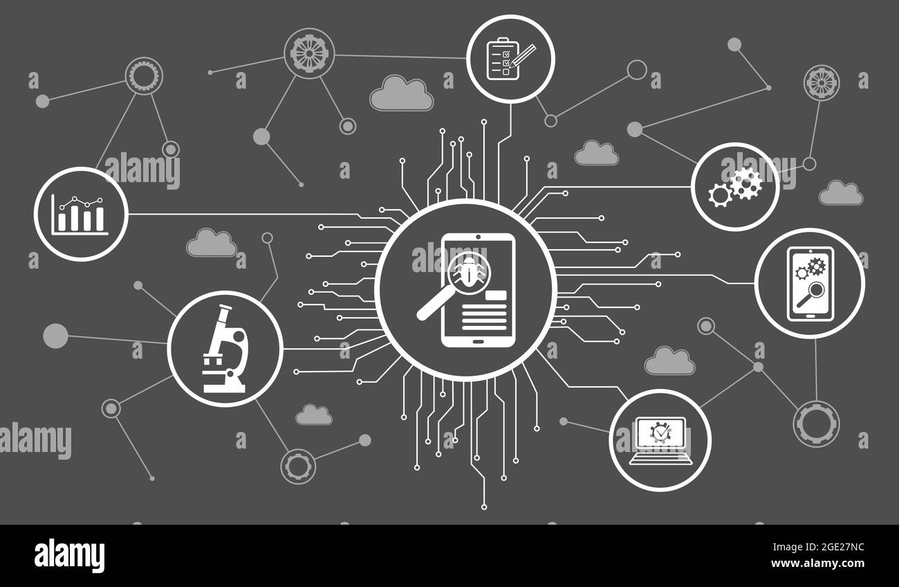 Concept of software testing with connected icons Stock Photo - Alamy