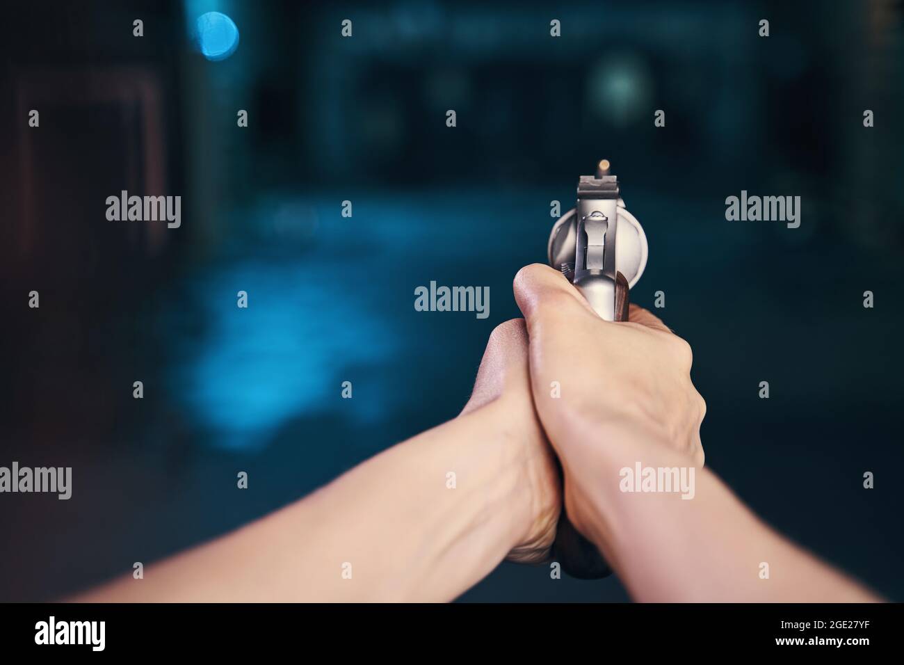 Experienced sniper practicing a two-handed hold during the training ...