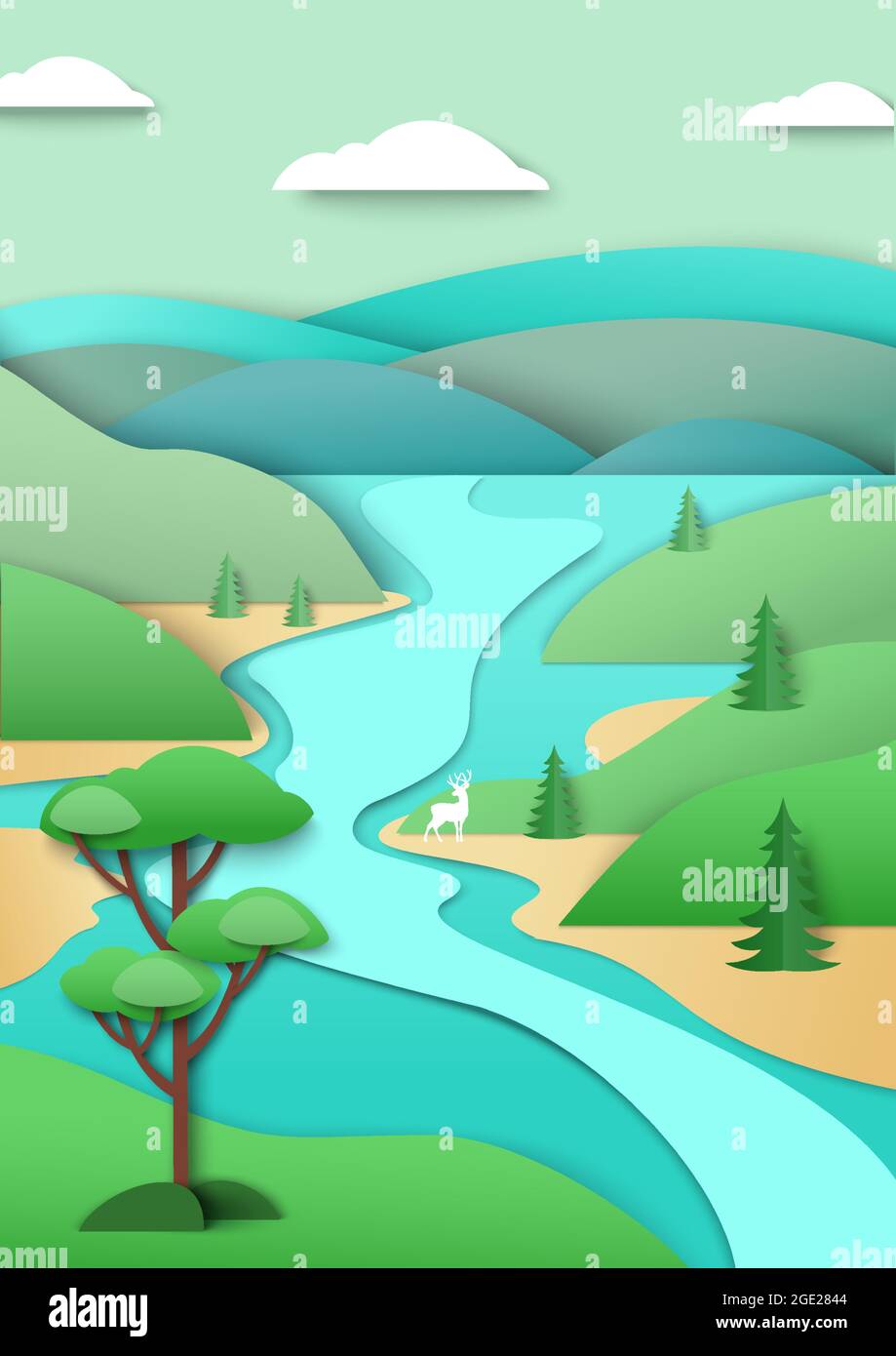 River flowing along green hills, mountains, vector paper cut ...