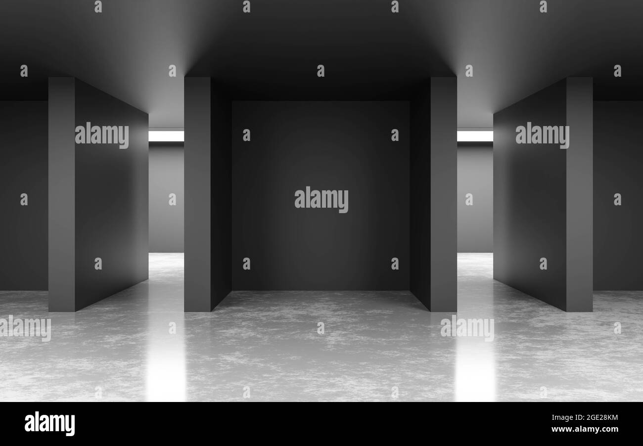 empty dark black hall with white marble floor abstract 3d render ...