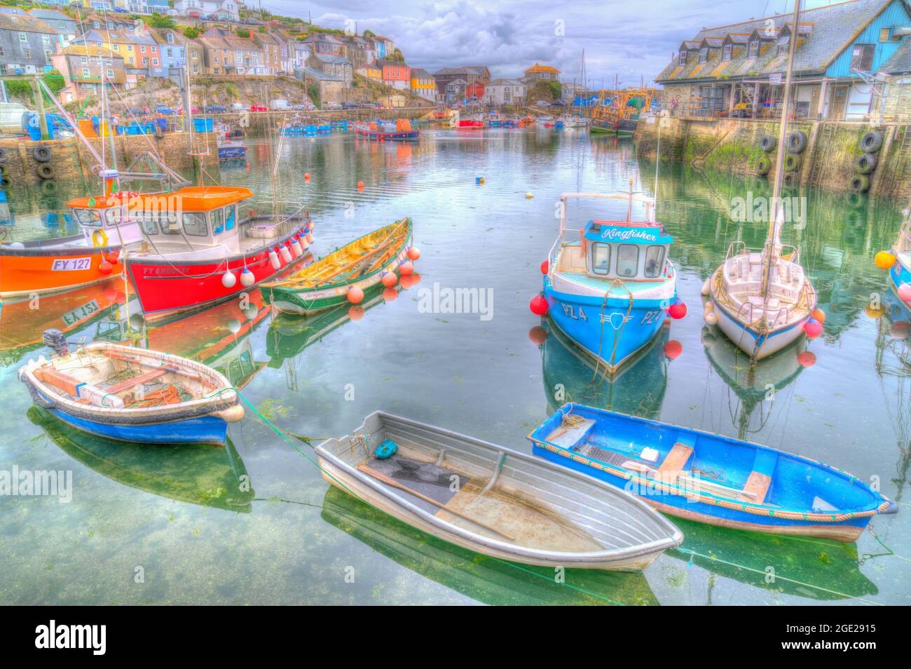 Fishing boats in Cornwall harbour Mevagissey colourful hdr Stock Photo ...