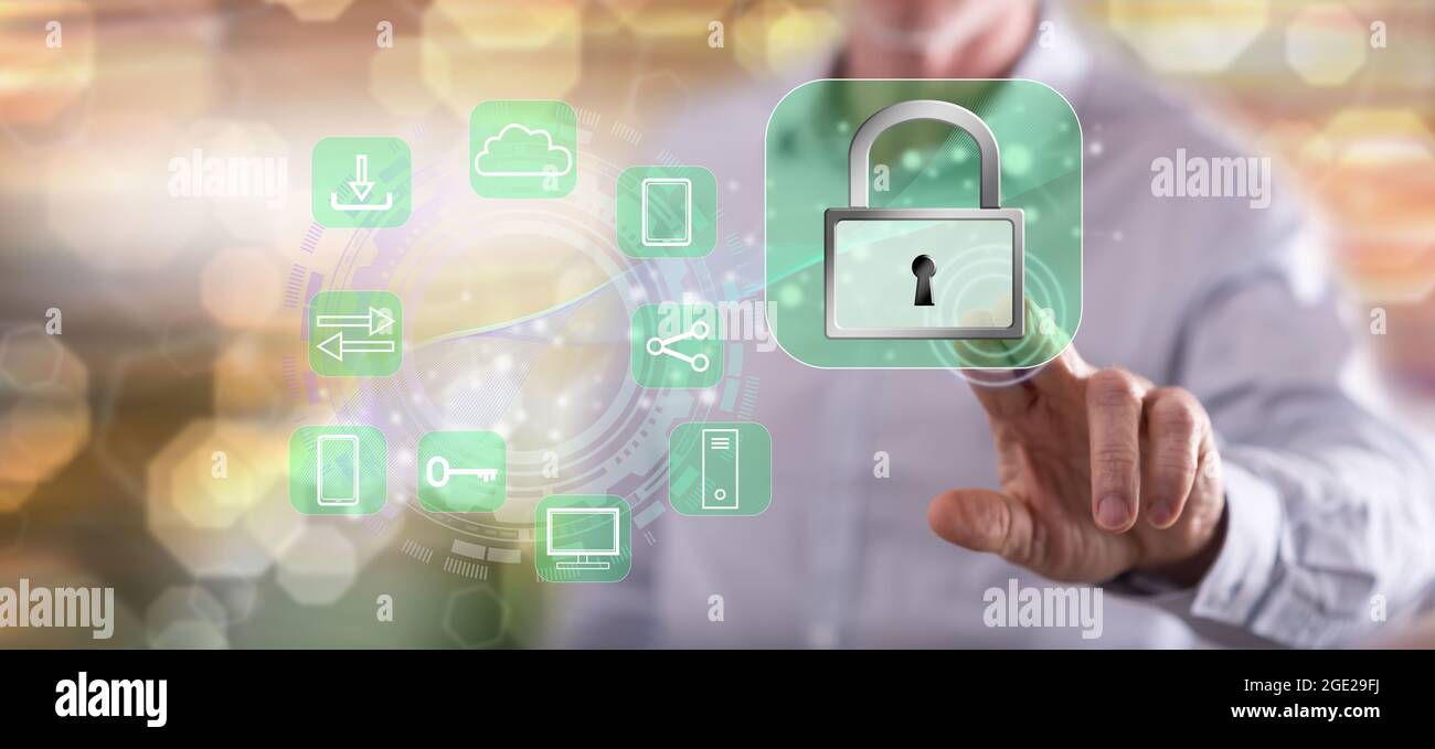 Man touching a digital security concept on a touch screen with his ...