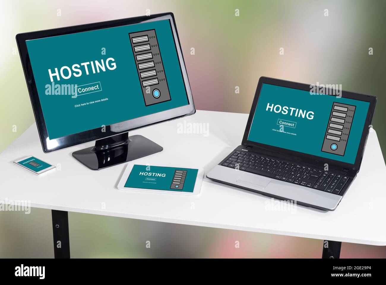 Hosting concept shown on different information technology devices Stock ...