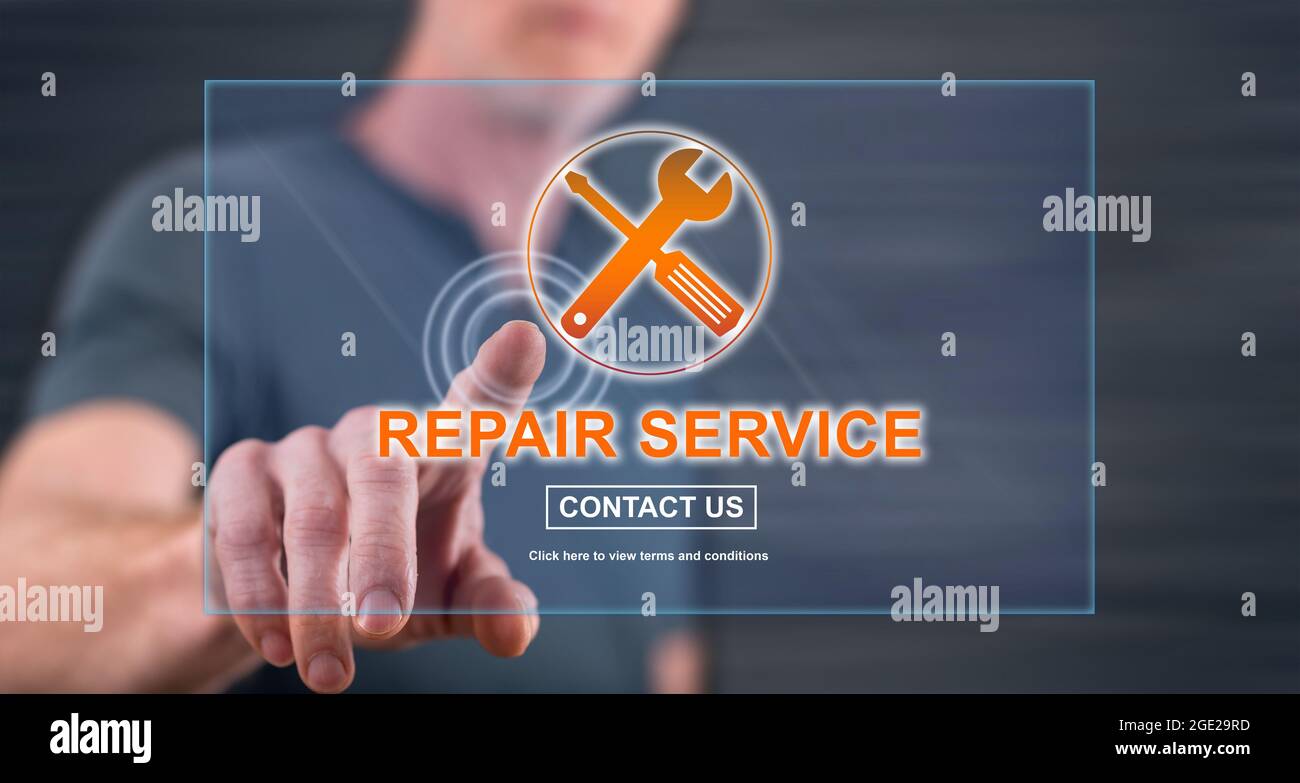 Man touching a repair service concept on a touch screen with his finger ...