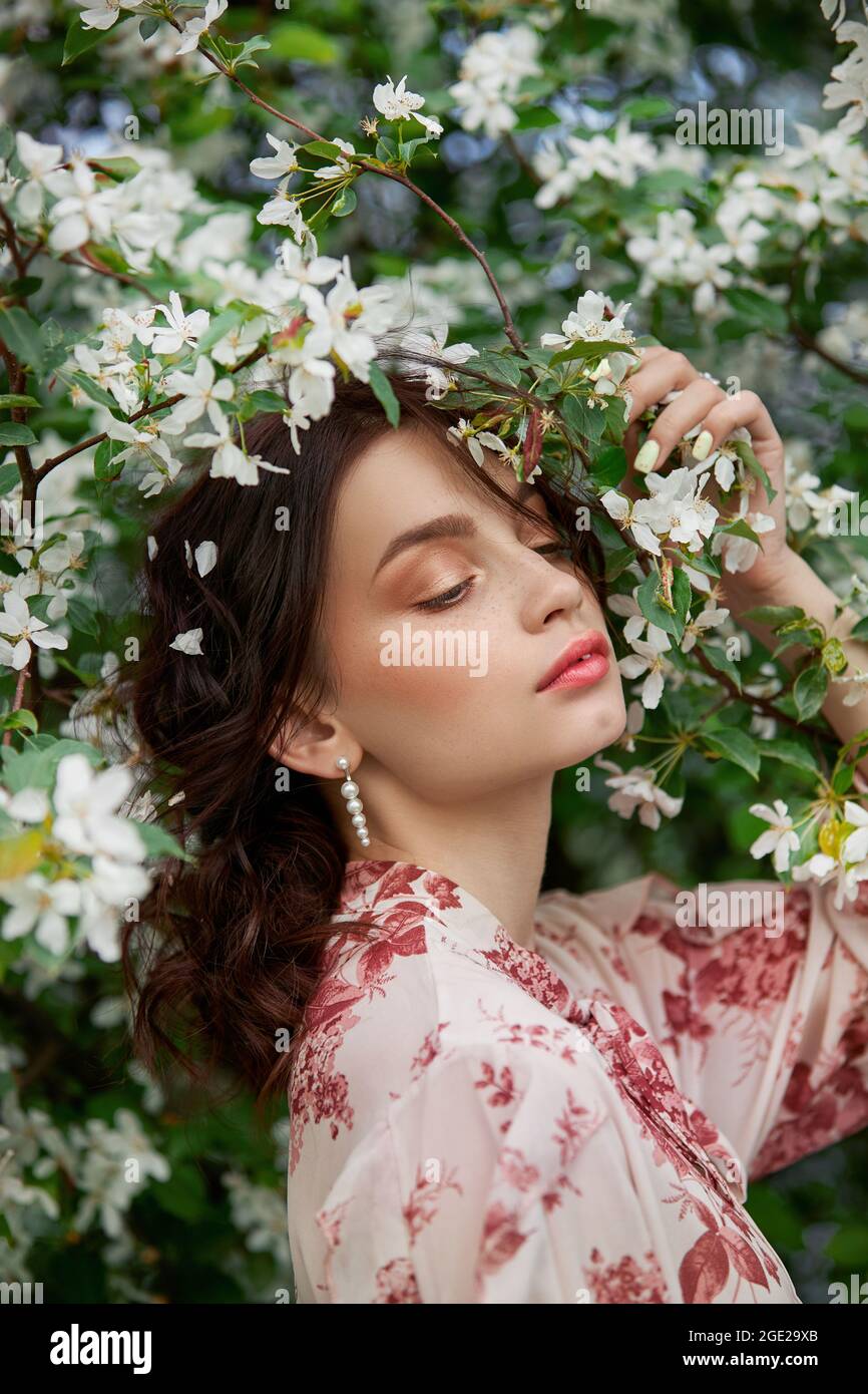 Woman with natural makeup, floral cosmetics for skin of the face, girl ...