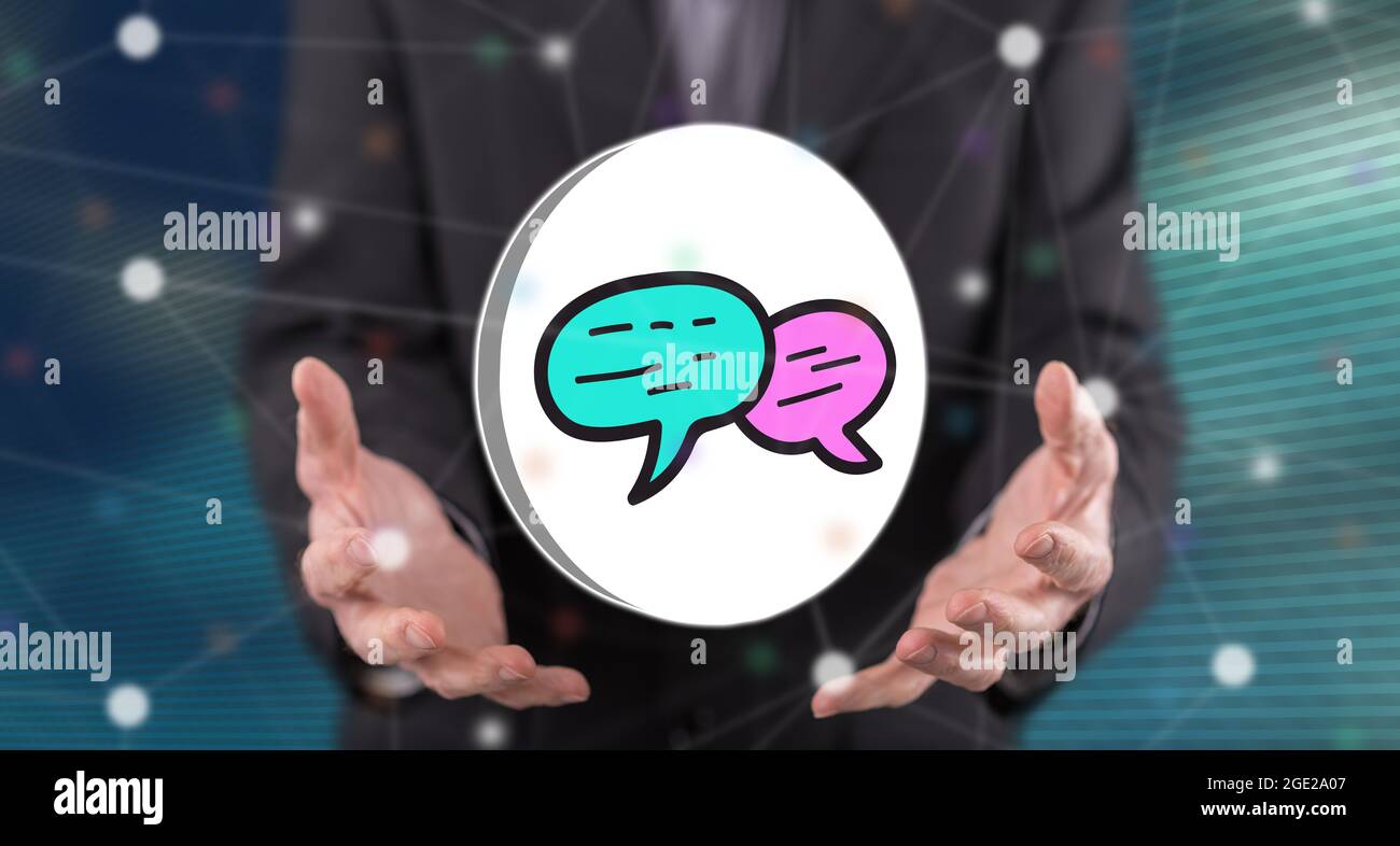 Communication concept above the hands of a man in background Stock ...