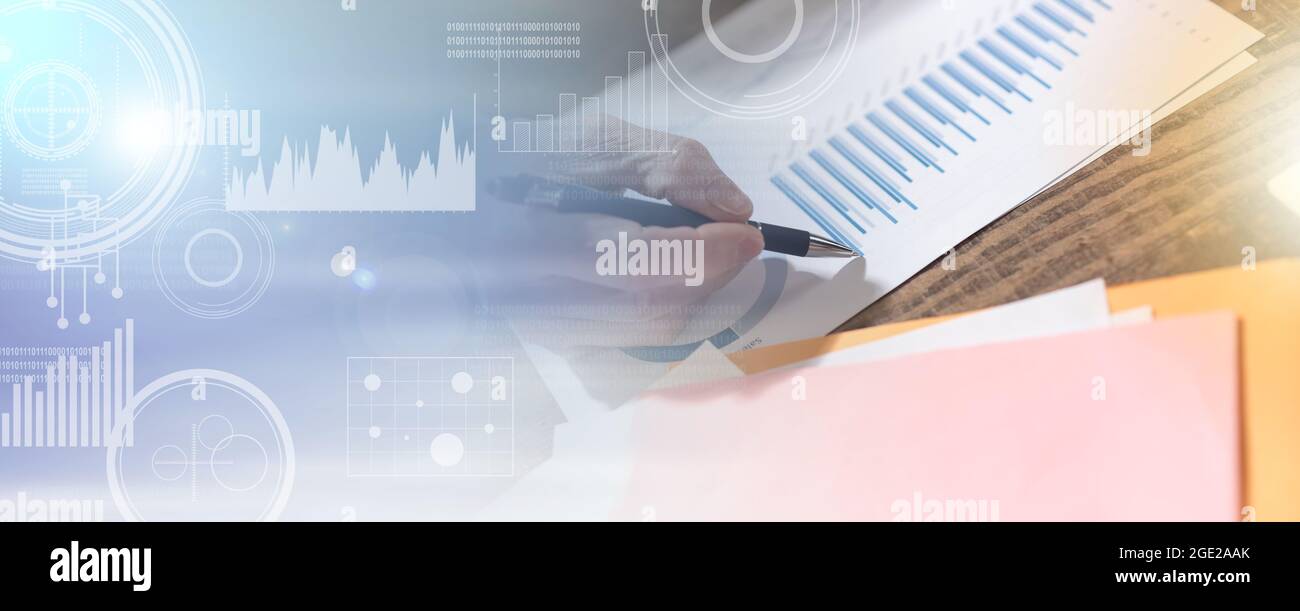 Businessman analyzing financial paperwork. multiple exposure Stock ...