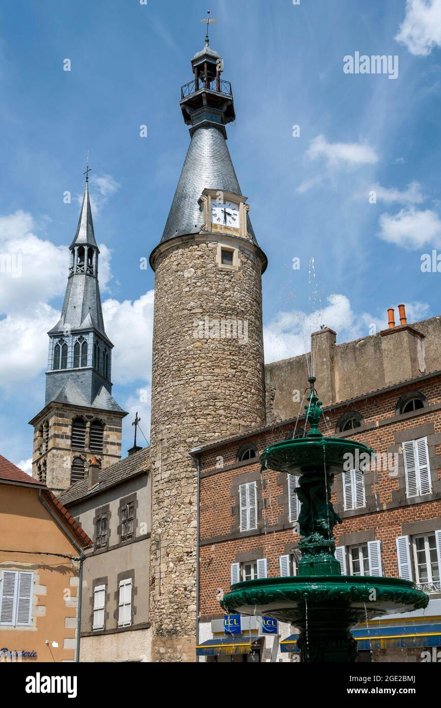 Saint-Pourcain sur Sioule, church tower and clock tower, Allier ...