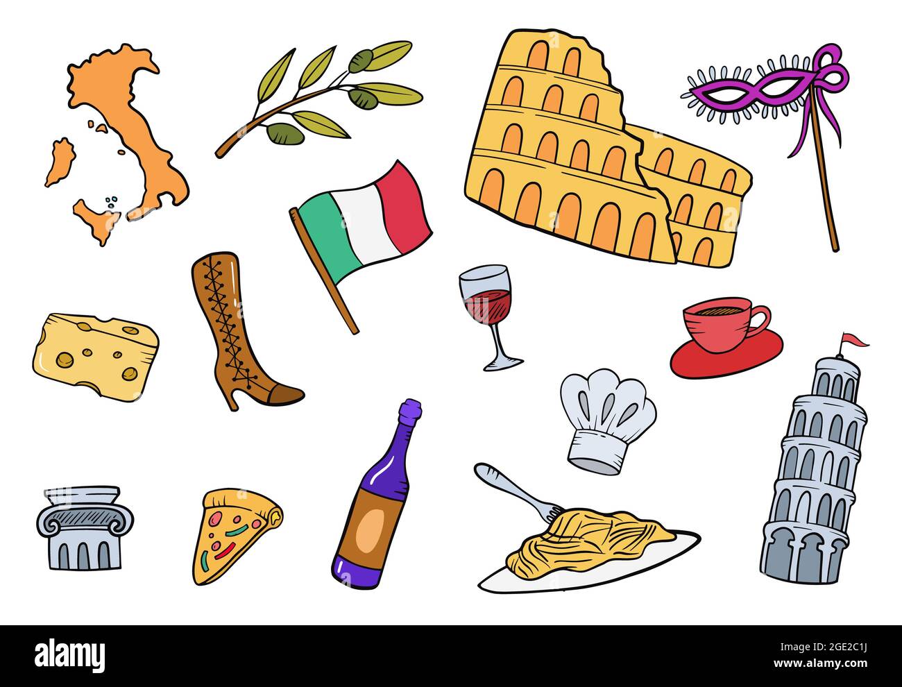 italy doodle hand drawn set collections with flat outline style vector ...