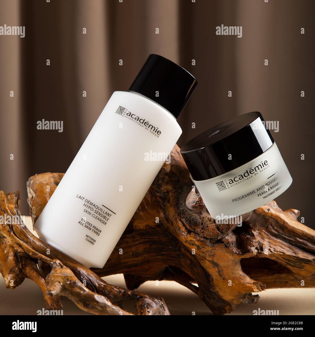 Skin care cosmetics of French brand Academie Paris. Cream and cleanser ...