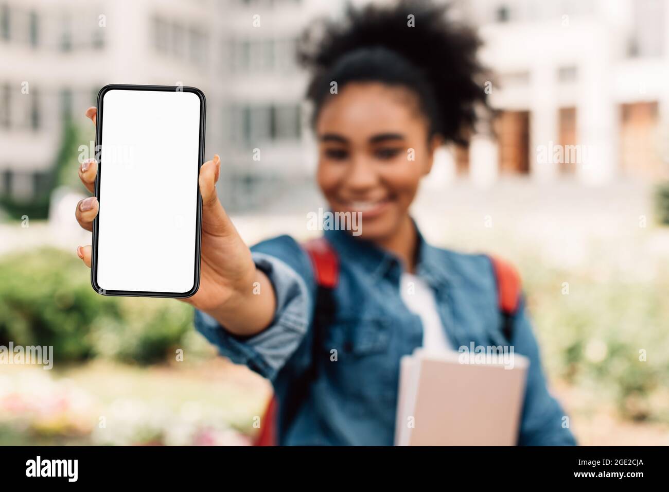 Black Student Girl Showing Smartphone Empty Screen Standing Outside ...