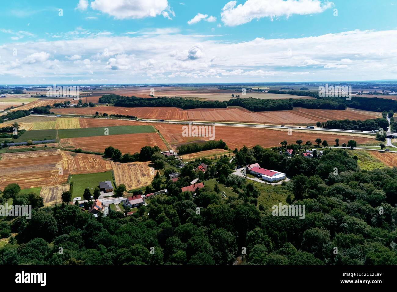 Mountain village with forests, bird eye view. Sleza mountain landscape ...