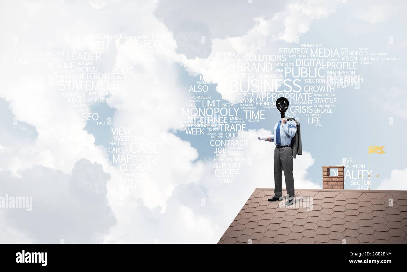 Concept of home security and privacy protection with camera headed man ...