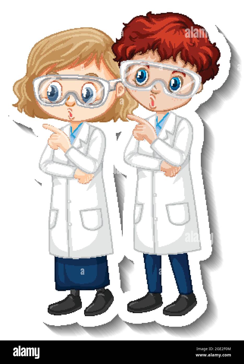 Cartoon character sticker with couple scientists in science gown ...