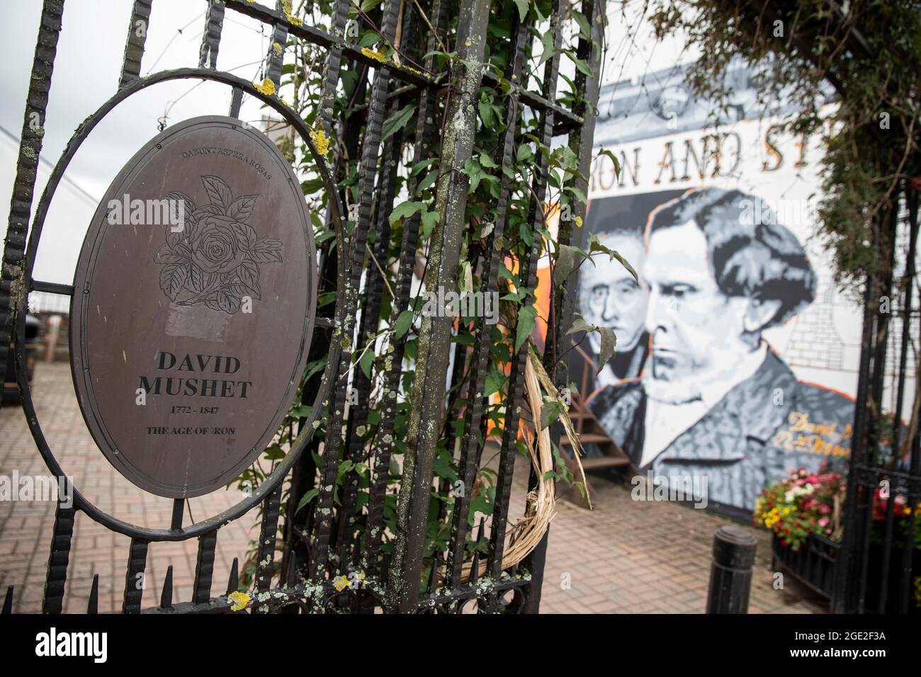 A plaque and street art in tribute to David Mushet in Coleford town ...