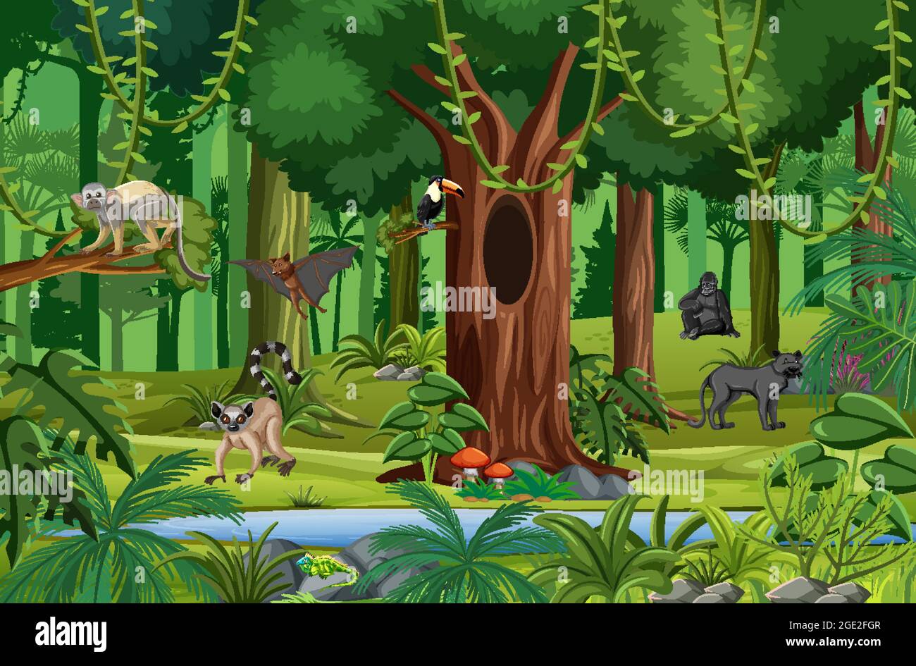 Tropical rainforest scene with various wild animals illustration Stock ...