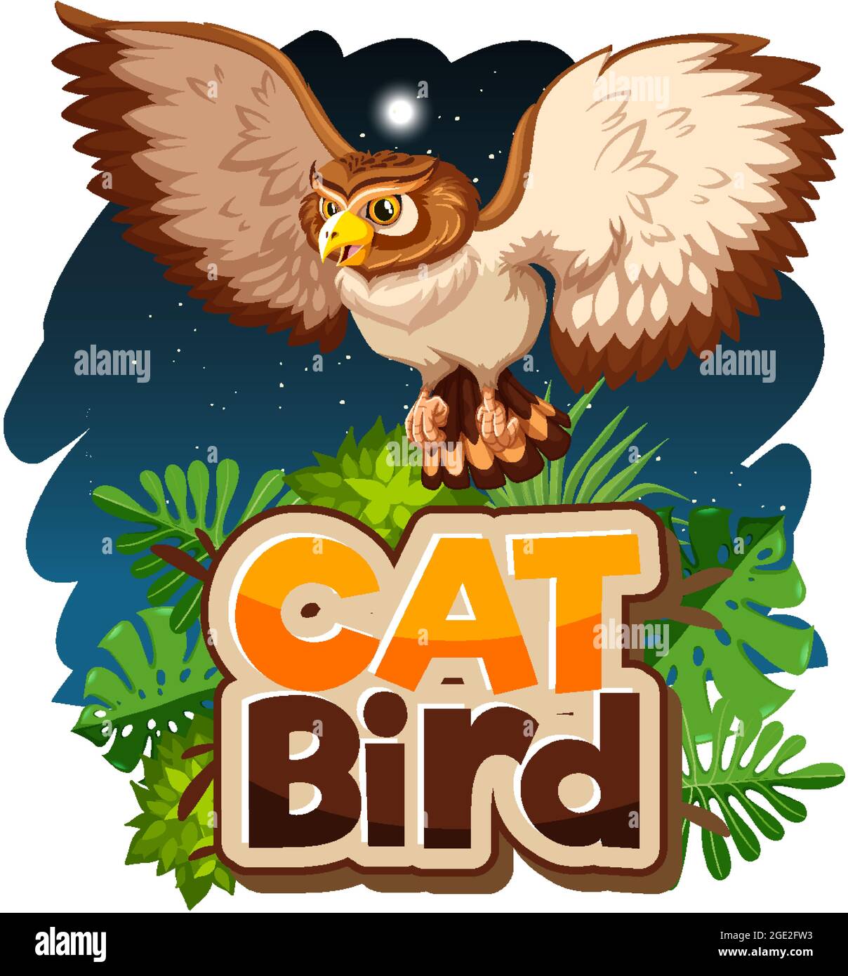 Owl cartoon character at night scene with Cat Bird font banner isolated ...