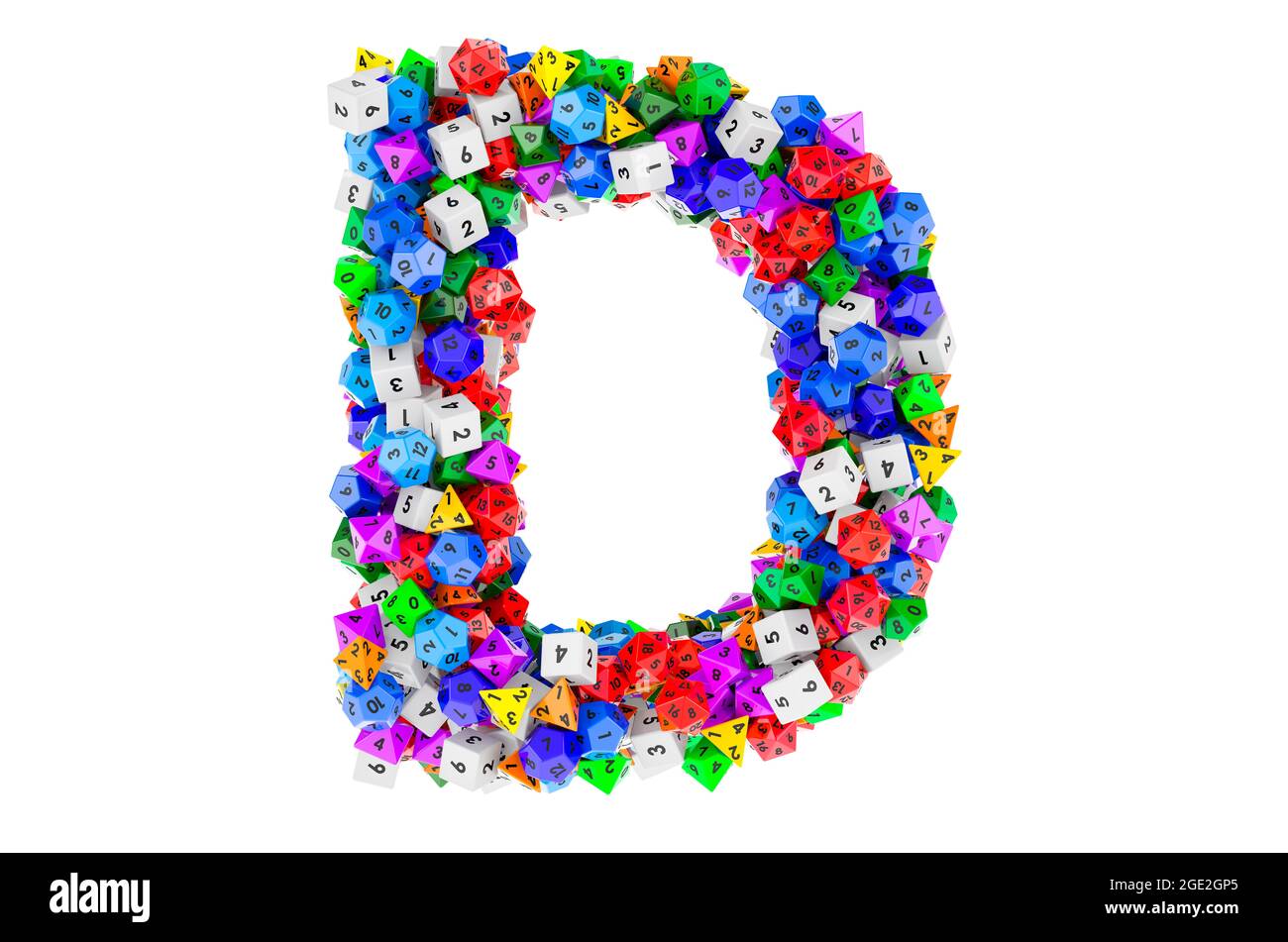 Alphabet letter D, from colored roleplaying dice. 3D rendering isolated ...