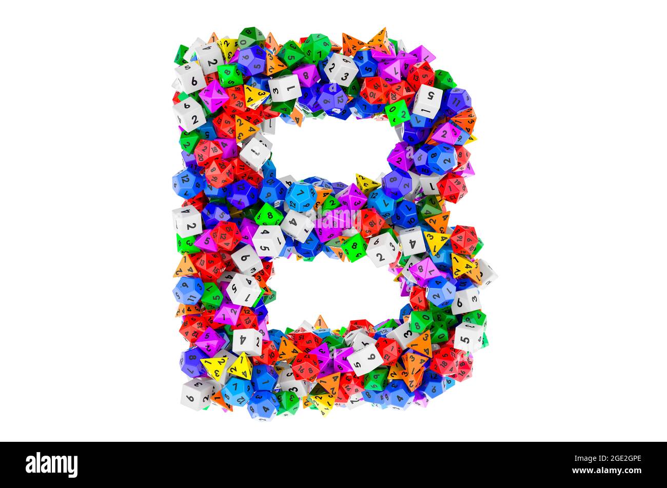 Alphabet letter B, from colored roleplaying dice. 3D rendering isolated ...