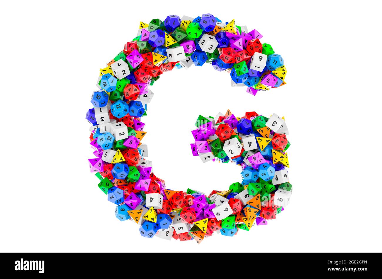Alphabet letter G, from colored roleplaying dice. 3D rendering isolated ...