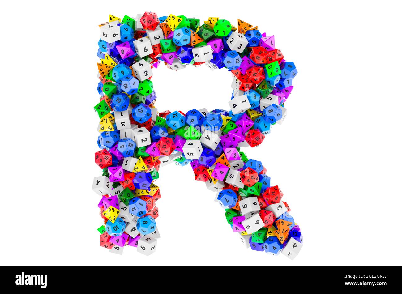 Alphabet letter R, from colored roleplaying dice. 3D rendering isolated ...