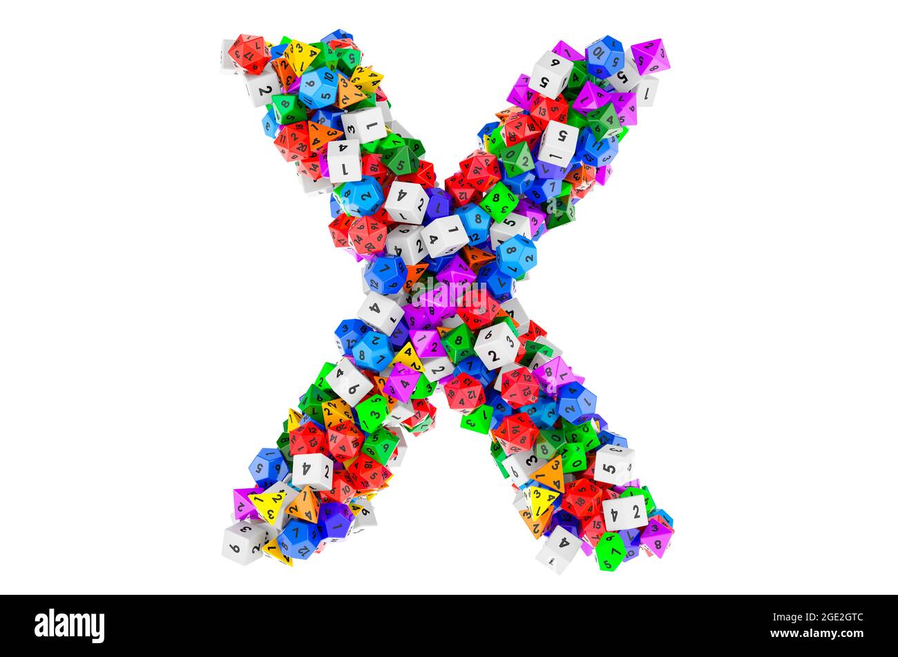 Alphabet letter X, from colored roleplaying dice. 3D rendering isolated ...