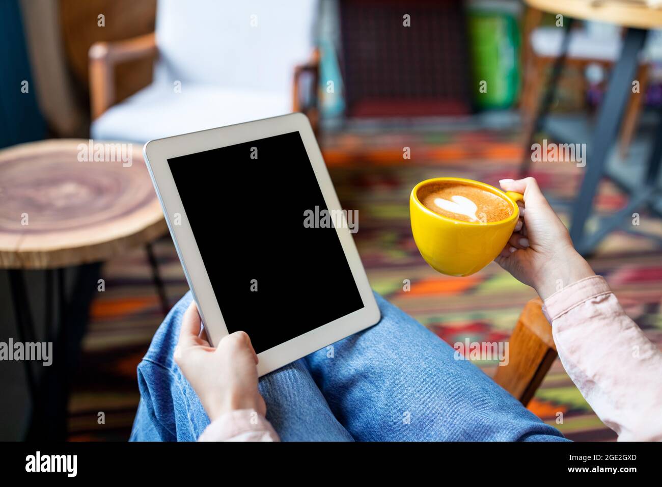 Modern lifestyle concept. Lady holding digital tablet with black screen ...