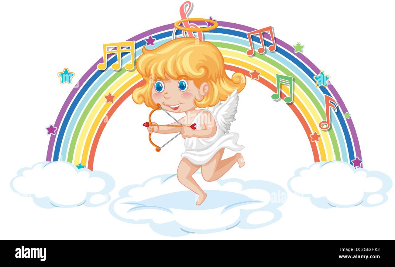 Cupid girl holding arrow and bow with melody symbols on rainbow ...