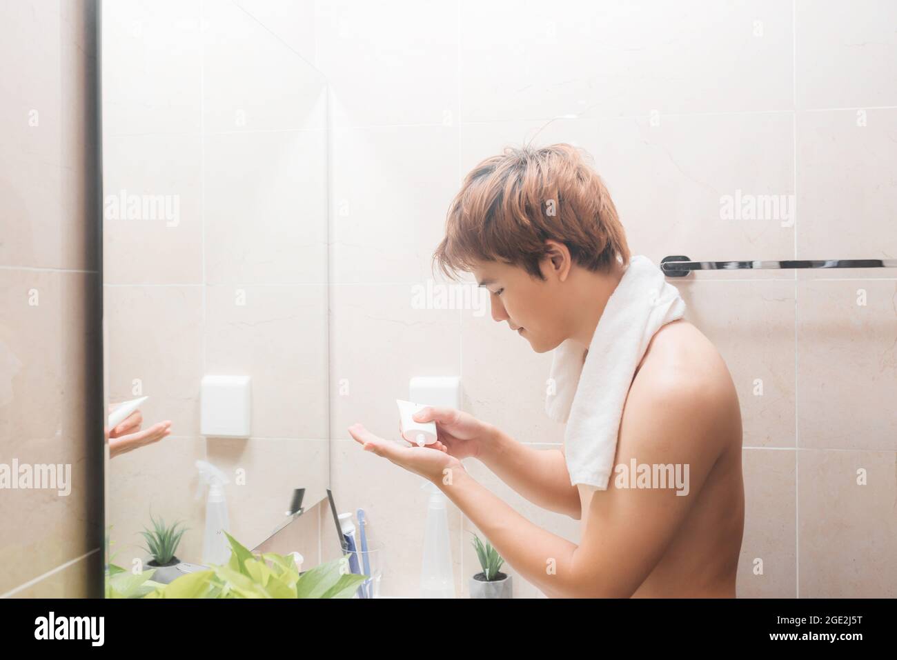 Men taking care of skin, morning face wash routine for cleaning acne ...